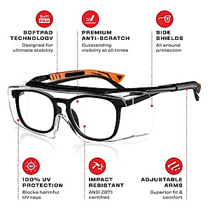 NoCry Safety Glasses Over Eyeglasses with Anti Scratch Wraparound Lenses, UV400 Protective Eyewear, ANSI Z87 & OSHA Approved Safety Goggles Over Glasses in the Lab or Shooting Glasses Over Eyeglasses