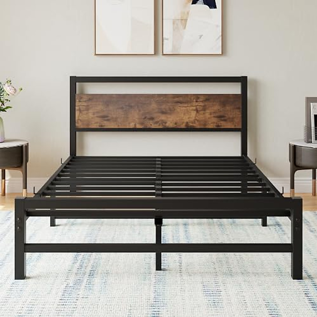 FOUBAM Full Bed Frame with Wood Headboard,Heavy Duty Platform Bed Frames with Storage No Box Spring Needed,Reinforced Steel Square Pipe Mattress Foundation Noise Free,Black and Rustic Brown