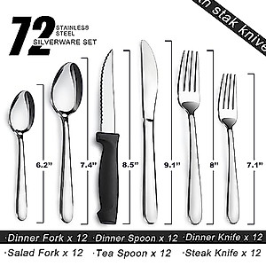 Pleafind 72-Pieces Silverware Sets for 12, Flatware Set with Steak Knives, Stainless Steel Cutlery Set, Include Forks Spoons and Knives Set, Dishwasher Safe Utensil Sets for Home Restaurant