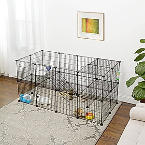 SONGMICS Pet Playpen, Small Animal Playpen, Rabbit Guinea Pig Cage, Zip Ties Included, Metal Wire Apartment-Style Two-Story Pet Premium Villa for Bunnies Puppies, Indoor Use, Black ULPI02H