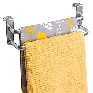 mDesign Over-Door Cabinet Towel Holder - Kitchen Cabinet Double Towel Bar Rack - Over Cabinet Towel Bar Hanger for Hand, Dish, and Tea Towels - 9.84" Wide - Spira Collection - Silver