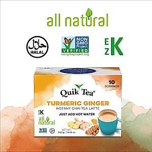 QuikTea Turmeric Ginger Chai Tea Latte - 10 Count Single Box - All Natural Preservative Free Authentic Instant Chai from Assam