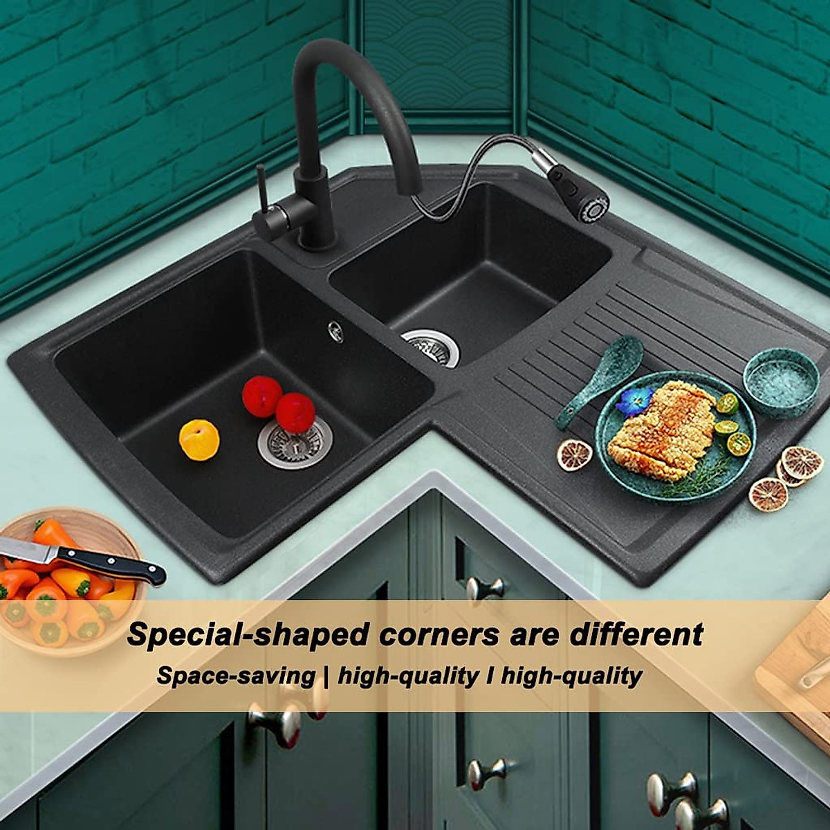 Kitchen Sinks Sinks for Kitchens Corner Quartz Stone Double- Bath Under- Counter Kitchen Sink, Kitchen Sink, Drain Corner, Shaped Sink, Kitchen Sink with Rounded Corners, Suitable for Restaurants, Ki