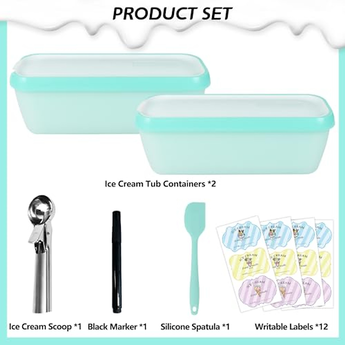 Artcome Set of 2 Ice Cream Tub Containers 1.5 Quart Ea. - Freezer Storage Tubs with Writable Labels - Double Insulation Design - Ideal for Sorbet, Ice Cream, Frozen Jelly & Frozen Yogurt - Mint Green