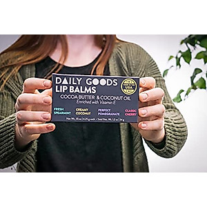 Assorted Natural Lip Balm Pack with Cocoa Butter and Coconut Oil by DAILY GOODS, Includes Pomegranate, Coconut, Cherry, and Spearmint Flavors, Enriched with Vitamin E - Pack of 8, 0.15 oz Tubes