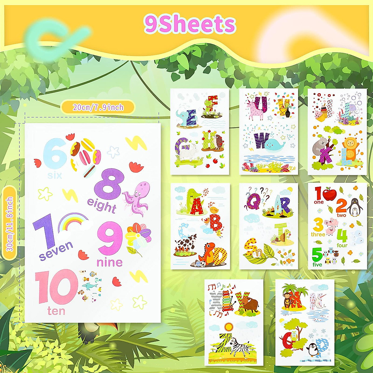 9 Pieces Alphabet Window Cling for Kids ABC Preschool Numbers Educational Peel and Classroom Stickers Removable for Kids Playroom Bedroom Nursery Living Room Decorations