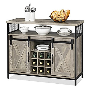 VINGLI Farmhouse Barn Door Buffet Sideboard Accent Storage Liquor Cabinet w/Removable 9-Bottle Wine Rack, Rustic Wine Cabinet Home Bar Furniture for Kitchen Dining Room (Wash Grey)