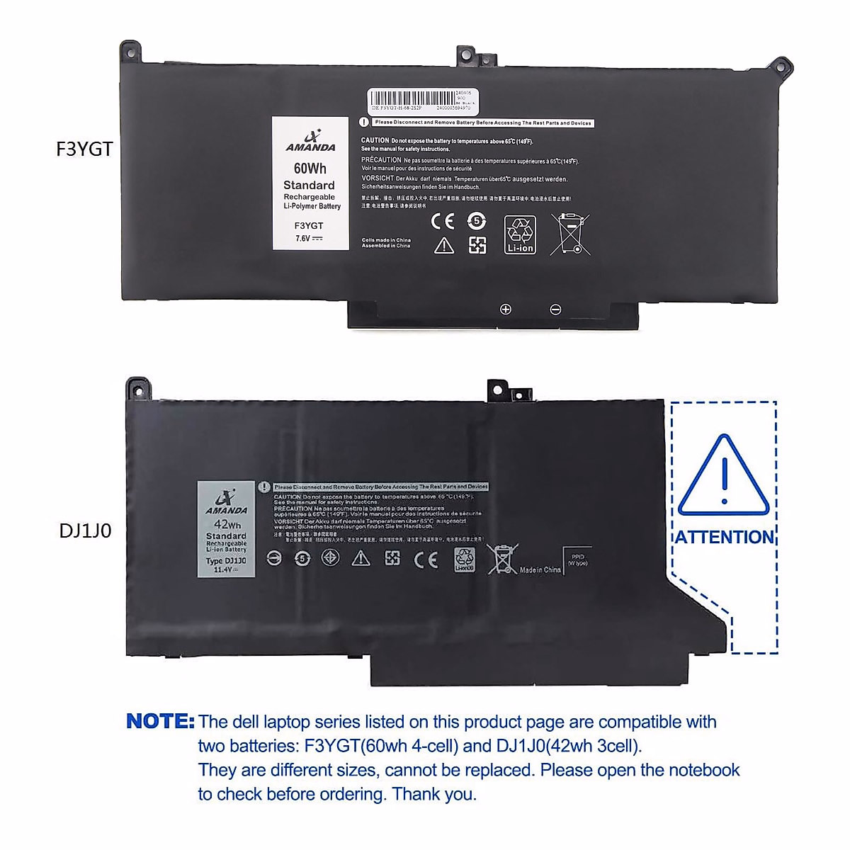 A AMANDA F3YGT Battery Replacement for Dell Latitude 12 7000 7280 7290/13 7000 7380 7390/14 7000 7480 7490 Series DM3WC 0DM3WC 2X39G 7.6V 60Wh 4-Cell
