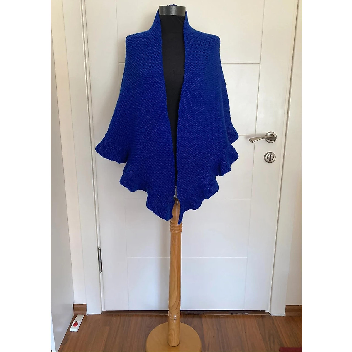 Royal Blue Hand Knit Ruffle Shawl, Scarf, Winter Fashion Women Accessory, Warm Wool Soft Wrap