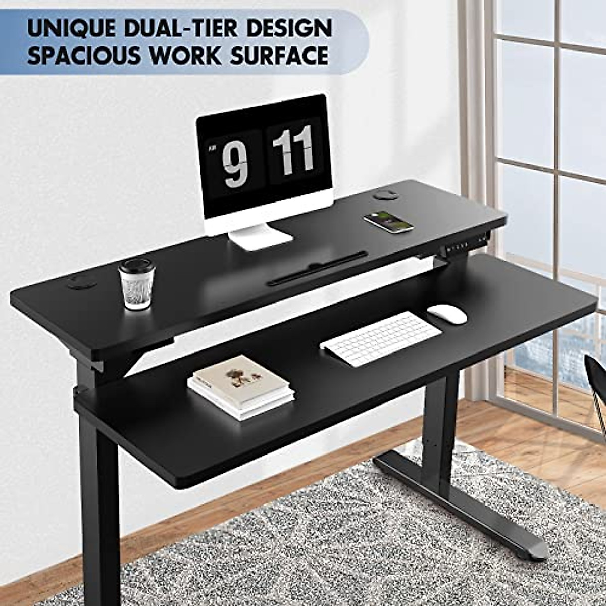 AIMEZO Dual Motor Split Top Desk Height Adjustable Standing Desk Electric Stand Up Desk with Table Top (Black Top+Black Frame)