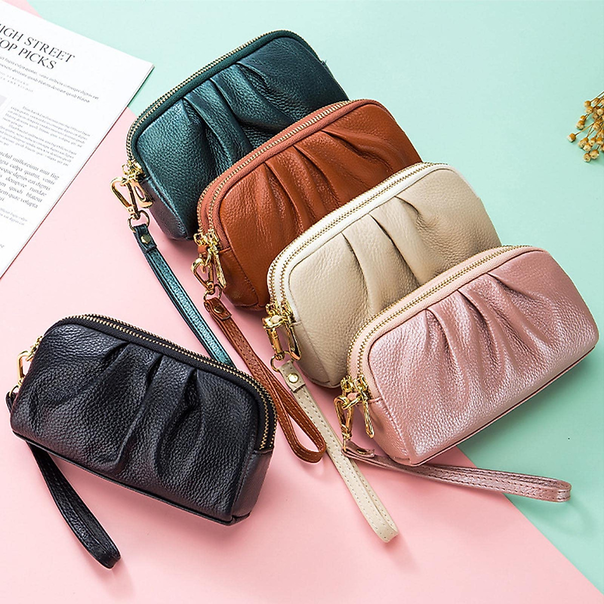 Wristlet Wallets for Women Genuine Leather Wristlet Purses Ladies Ruched Wristlet Clutch Wallet Purses, Black