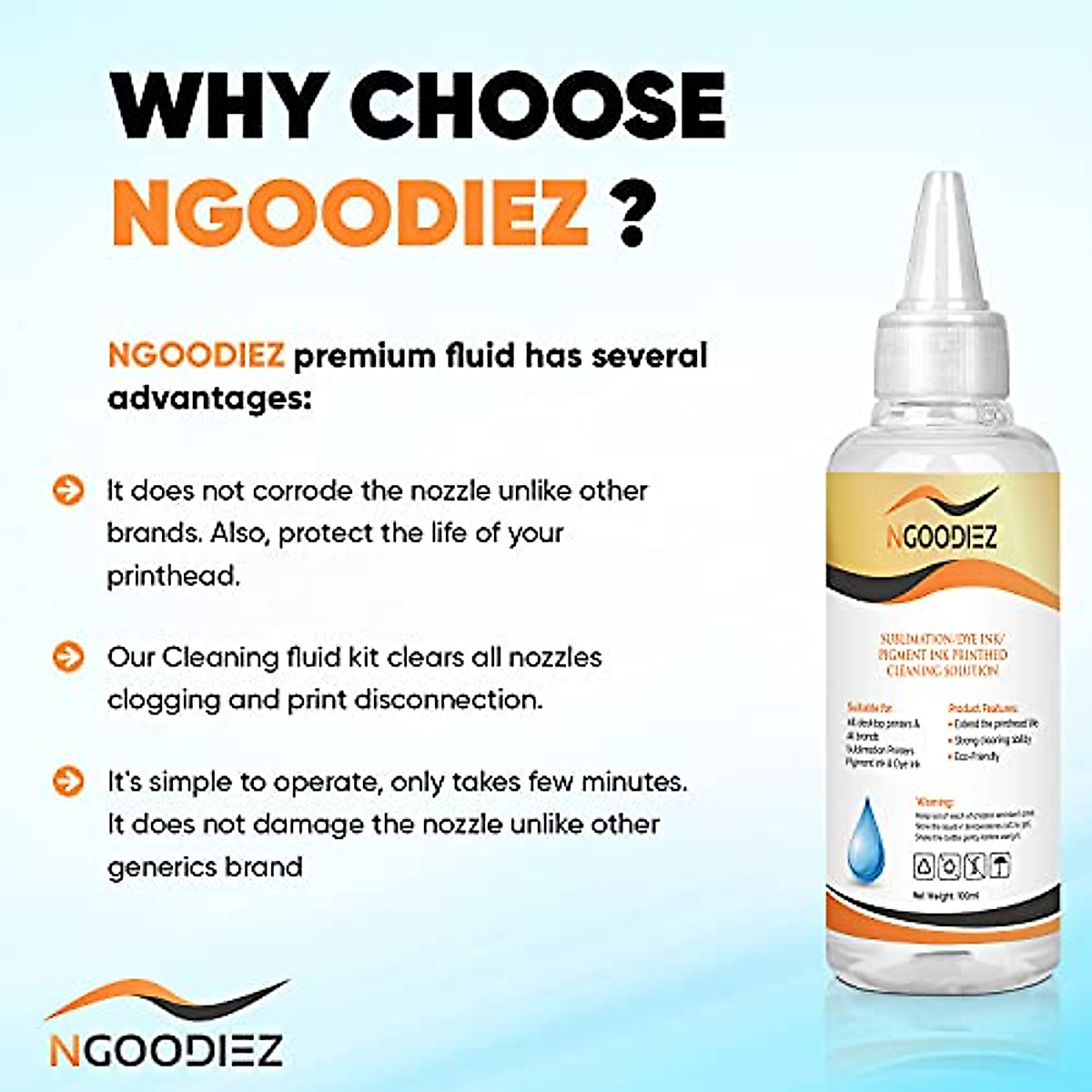 NGOODIEZ Printhead Cleaning Kit for Inkjet Printers Epson, HP, Brother, or Canon - Universal Print Head Cleaner Kit for Printer Nozzle - Works on Sublimation Ink, Pigment Ink, and Dye Ink (100mL)