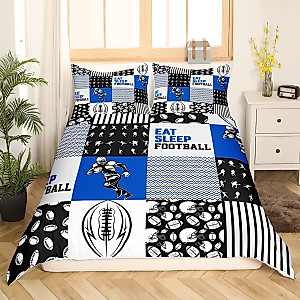 Erosebridal Football Bedding Sets Full Size,Football Player Duvet Cover for Teens Adult,Ball Game Patchwork Comforter Cover for Gift,Geometry Eat Sleep Football Artwork Bed Sets with 2 Pillowcases
