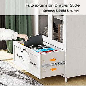 VINGLI Wood Lateral File Cabinet With Bookshelf With Glass Doors And Adjustable Shelves for Home Office, White Filing Cabinet With Lock for Hanging Letter/A4/Legal Size Labeled Folders,30W x 16D x 55H