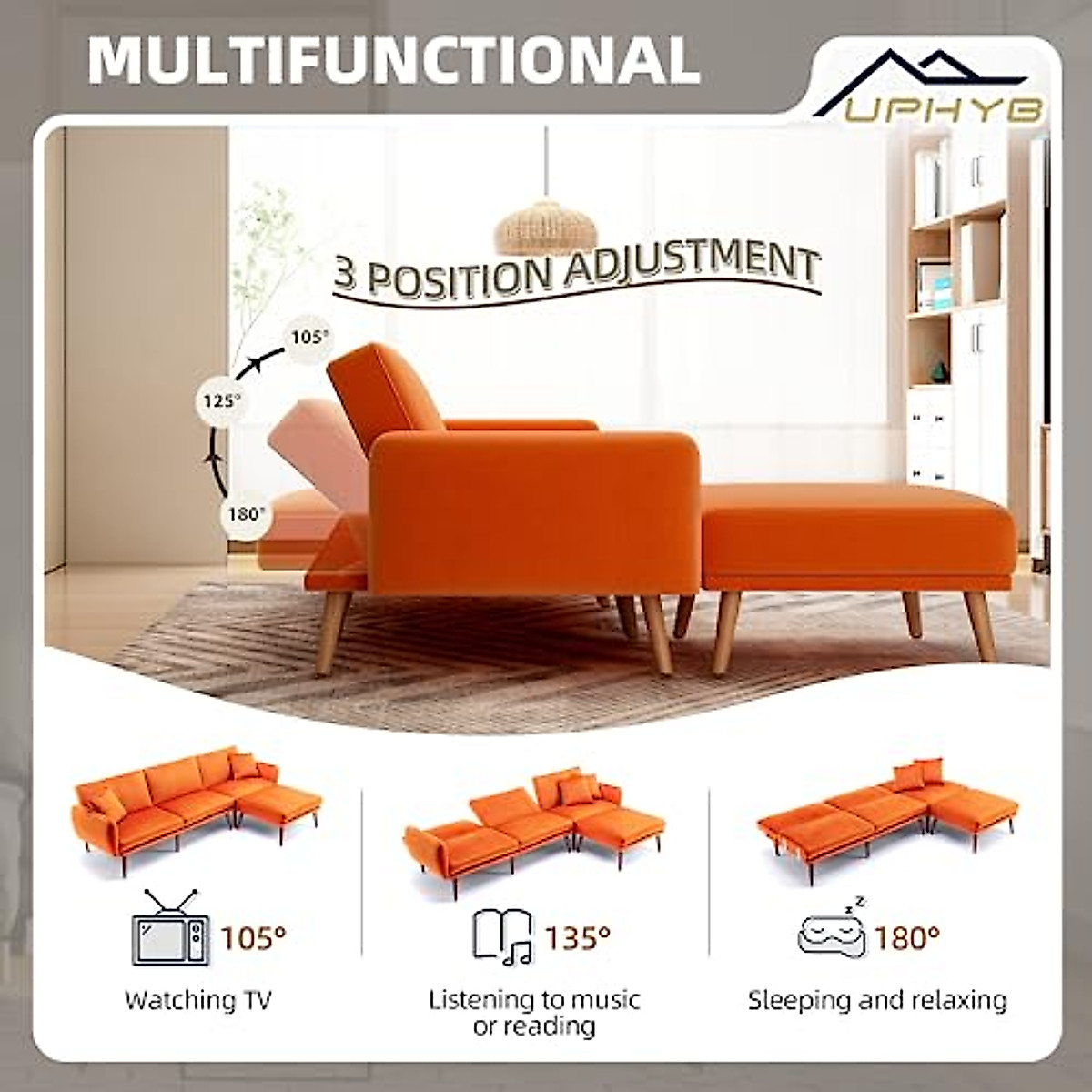 UPHYB L-Shaped Orange Velvet Sectional Recliner Sofa Couch, 105" Modern Convertible Sleeper Sofa Bed with Adjustable Backrest, 3 Seat Sofa Set with Ottoman and 2 Pillows for Living Room and Apartment
