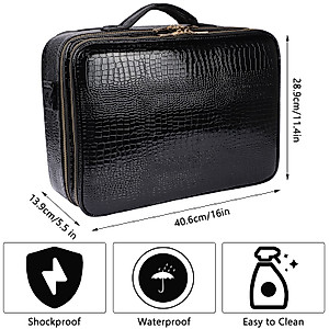 Oewoer Travel Makeup Train Case PU Leather Professional Makeup Case 16" with Adjustable Strap Portable Cosmetic Organizer Artist Storage Bag for Toiletry Jewelry Digital Accessories (L-Black)