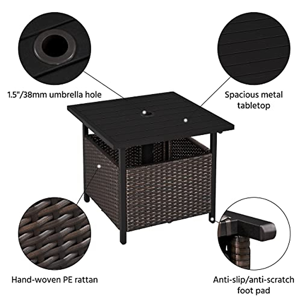 Yaheetech PE Wicker Side Table End Table Outdoor Patio Umbrella Stand All Weather Bistro Table, with 1.5" Umbrella Hole, for Garden, Pool, Deck