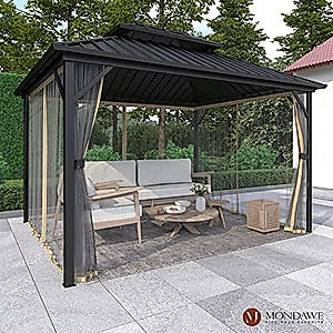 MONDAWE 10x12Ft Hardtop Gazebo with Netting Heavy Duty Permanent Gazebo Galvanized Steel Double Roof Pavilion Steel Frame Canopy Outdoor for Patio Lawn Garden