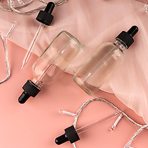 Comrzor 24 Pack 2oz Clear Glass Bottles with Glass Eye Droppers for Essential Oils, Perfumes & Lab Chemicals (Brush, Funnels, 2 Extra Droppers, 36 Pieces Labels & 30ml Measuring Cup Included)