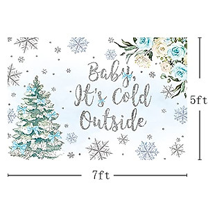 MEHOFOND Baby It's Cold Outside Backdrop Boy Baby Shower Party Decor Silver Snowflake Winter Wonderland Photo Booth Banner Christmas Tree White Blue Floral Background 7x5ft