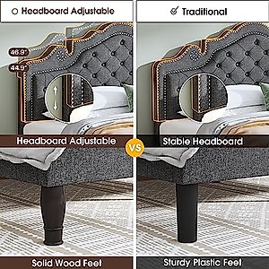 WEEWAY King Bed Frame with Tiara Curved Headboard and High Resilience, Linen Fabric Upholstered Diamond Button Tufted Platform Bed with Wood Slats/No Box Spring Needed/Easy Assembly/Dark Grey