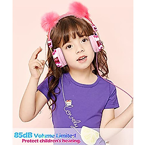 SVYHUOK Pompoms Pink Unicorn Wired Headphones,Cute Cat Ear Kids Game Headset for Girls Teens Tablet Laptop PC,Over Ear Children Headset withMic,for School Birthday Xmas Gifts