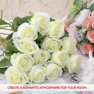 Jexine 100 Pieces Artificial Roses Flowers Bulk, Long Stem Realistic Fake Silk Roses Bouquet for Table Centerpiece Vases Wedding Party Home Kitchen Decor (White)