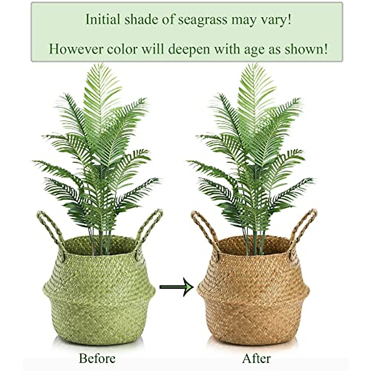 Yesland 2 Pcs Seagrass Plant Basket - Woven Picnic Basket with Handles - Ideal Belly Basket for Storage Plant Pot Basket, Laundry, Picnic, Plant Pot Cover, Beach Bag and Grocery Basket (L)