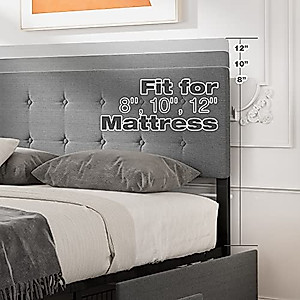 IDEALHOUSE Full Bed with Storage Drawers, Upholstered Platform Bed Frame with Headboard and Wooden Slats, Fully Upholstered Mattress Foundation, No Box Spring Needed