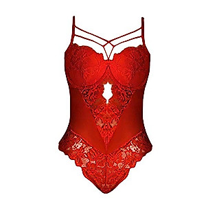wodceeke Women's Sexy Sling Lace One-piece Large Lingerie Perspective Hollow Embroidered Pajamas Seductive Underwear (Red, XXXL)