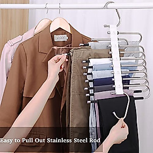 Pants Hangers Space Saving [Upgrade] Collapsible Pants Hangers Multifunctional Pants Rack Hanger for Closet Trousers Scarf Jeans Slack 9 Tier Pants Hanger with 5 Extra Clothes Hangers (1 Pc)