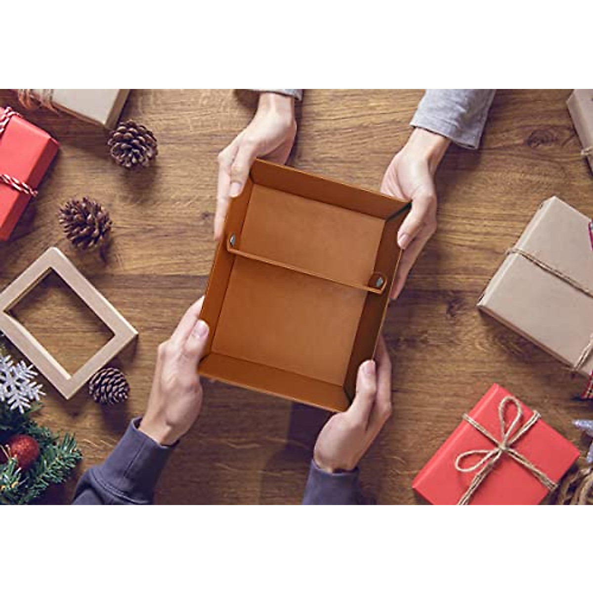 LUCKYCOIN Leather Valet Tray for Men and Women, Great Fathers Day Husband Gift, Premium Vegan Leather Storage Nightstand Organizer, Vanity EDC Catchall Tray for Keys, Wallet, Jewelry, Eyeglass, Brown