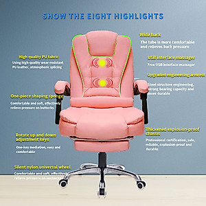HQYXGS Massage Office Chair, Pink Gaming Chair for Adults Women Ergonomic Gaming Chair with Footrest Lumbar Support Pu Leather High Back Computer Chair Adjustable Back Recline Swivel 360°