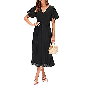MEROKEETY Womens 2023 Summer Puff Sleeve Wrap V Neck Pleated Flowy Midi Dress for Wedding Guest,Black,M