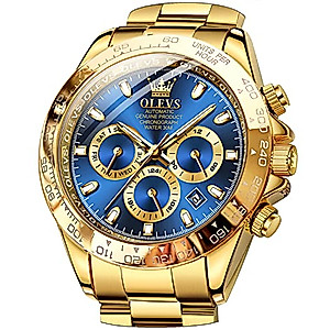 OLEVS Men's Gold Automatic Mechanical Self Winding Waterproof Luminous Calendar Multifunctional Stainless Steel Casual Business Luxury Dress Watch