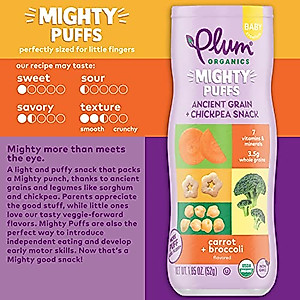 Plum Organics Mighty Puffs Snack For Babies - Variety Pack - (Pack of 6) 1.85 oz - Includes Carrot & Broccoli, Beet & Strawberry, and Spinach & Pea Flavors - Ancient Grain & Chickpea Snacks