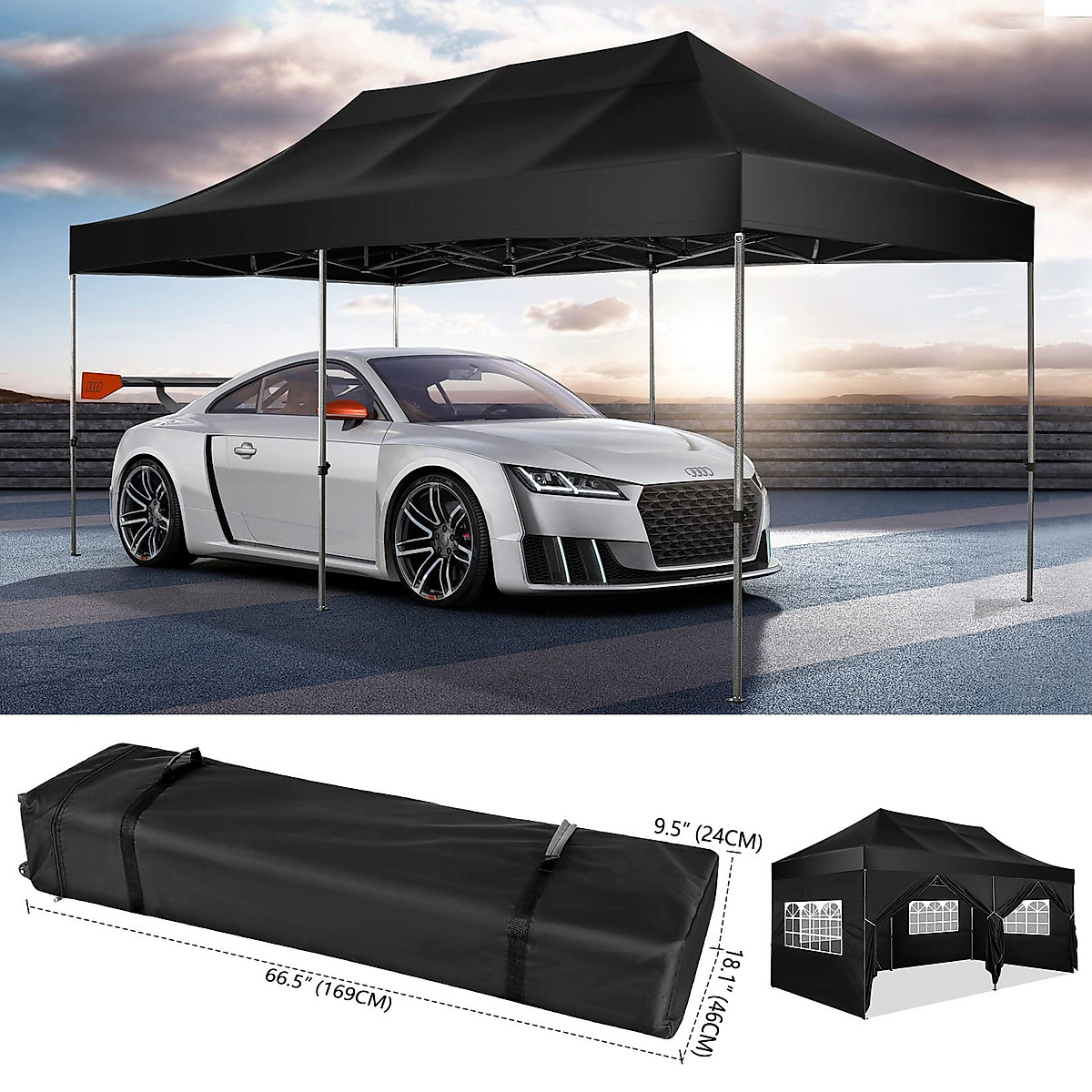 COBIZI 10x20 Heavy Duty Pop up Canopy Tent with 6 sidewalls Easy Up Commercial Outdoor Canopy Wedding Party Tents for Parties All Season Wind & Waterproof Gazebo with Roller Bag,Black(Frame Thickened)