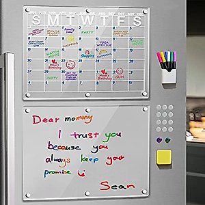 Winblo 2 Set Magnetic Acrylic Calendar for Fridge, 16''x12'' Clear Monthly Acrylic Calendar and Dry Erase Board for Refrigerator Reusable Planner, Includes Silicone Gaskets and 6 Colors Markers