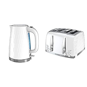 BLACK+DECKER Honeycomb Collection Rapid Boil 1.7L Electric Cordless Kettle with Premium Textured Finish,KE1560W & Honeycomb Collection 4-Slice Toaster with Premium Textured Finish, TR1450WD, White