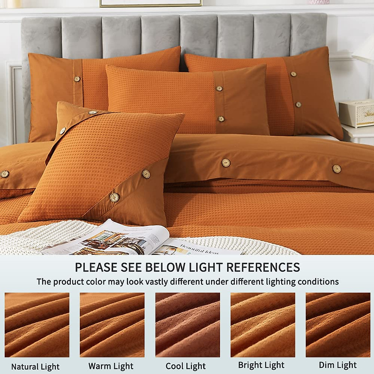 FADFAY Burnt Orange Duvet Cove Set King/Cal King Cotton Waffle Weave Bedding Zipper Comforter Cover Reversible Luxury Textured Terracotta Bedding Embellished Button Soft Breathable All Season 3Pcs