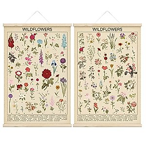 2 Pcs Vintage Wildflowers Hanging Poster Retro Botanical Wall Art Canvas Floral Plant Poster Cottagecore Wall Decor Vintage Botanical Prints for Room Bedroom Aesthetic Decors Frame, 15.8 x 23.6 Inch