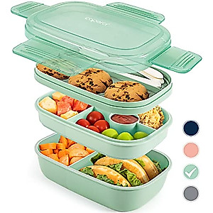 Caperci Stackable Bento Box Adult Lunch Box - 3 Layers All-in-One Lunch Containers with Multiple Compartments for Adults & Kids, 55 oz Large Capacity, Built-in Utensil Set & BPA Free (Green)