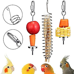PhantomSky 4PCS Bird Treat Skewer Food Holder, Bird Hanging Stainless Steel Parrot Fruit Vegetable Food Feeder Holder Cage Parakeets Budgie Foraging Toy Include 2 Fruit Fork 1 Food Basket 1 Water Bowl