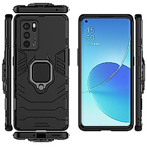 SATURCASE Case for Oppo Reno 6 Pro 5G, Ring Kickstand Hybrid 2 in 1 [PC & Silicone] Dual-Layer Bumper Shockproof Protective Cover for Oppo Reno 6 Pro 5G (HZ-Black)