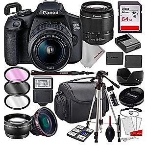 2000D (Rebel T7) DSLR Camera with 18-55mm f/3.5-5.6 III Zoom Lens Bundle + 64GB Memory, Case, Tripod, Extra Battery and More