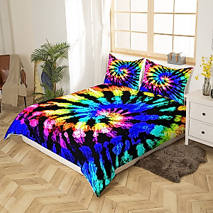 Tie Dye Comforter Cover Set Hippie Spiral Bedding Set Ethnic Boho Duvet Cover Swirl Tie Dyed Pattern Bed Comforter Cover,Bohemian Hippie Bedding Decor Queen Fashion Quilt Cover with 2 Pillow Shams