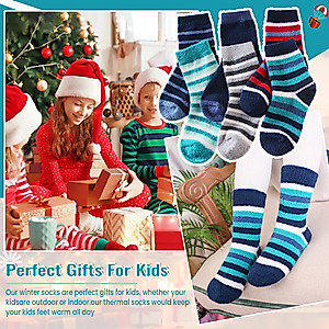 Kids Fuzzy Slipper Socks with Grips Children Boys Girls Toddlers Non Slip Warm Winter Cozy Fluffy Thermal Cute Socks 6 Pairs (8-12 Years, Stripe)