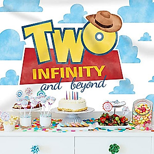 Rsuuinu Two Infinity and Beyond Backdrop 2nd Birthday Hat Blue Clouds Birthday Party Supplies Decorations Photography Background for Kids Boys Second Birthday Cake Table Banner Photo Booth Props 7x5ft