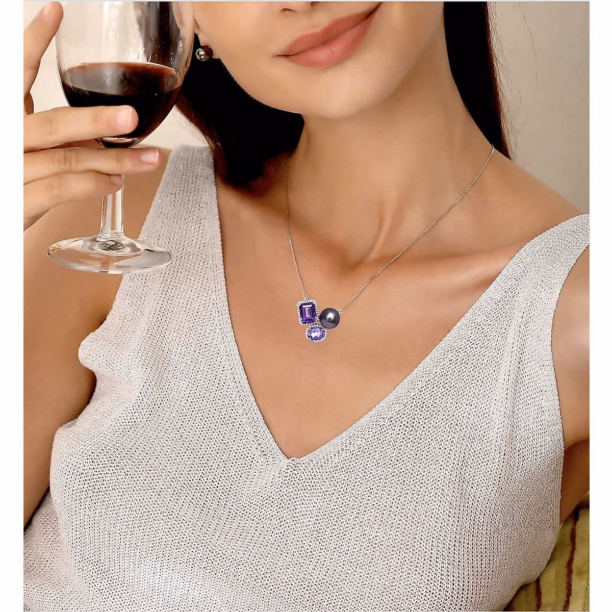 CHAULRI Top Grade Tahitian Black Pearl & Amethyst Necklace - 18K Gold over Sterling - Adjustable 19" - Feb/June Birthstone, Ombre Effect