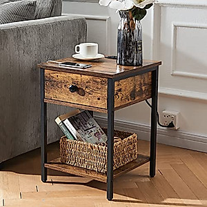 SUPERJARE Nightstand with Charging Station and USB Ports, Side Table End Table with Drawer, Open Storage Shelf and Steel Frame, Bedside Table for Small Spaces, Rustic Brown